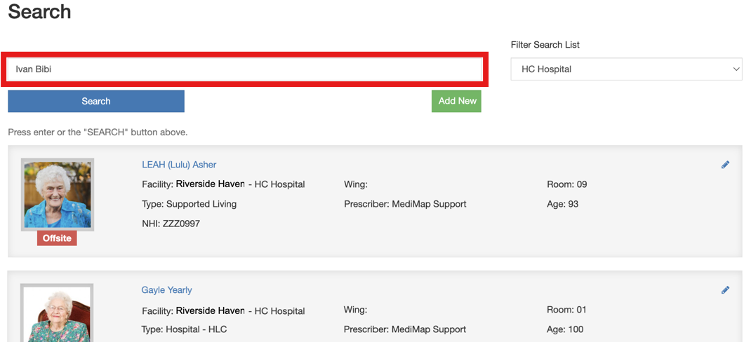 Find a resident and view their chart – MediMap
